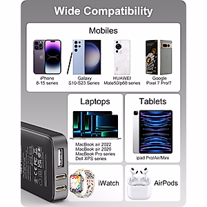 POANES 65W GaN USB C Charger, 3 Port Flat USB Wall Charger with USB C and USB A, Ultra-Slim GaN Charger PD3.0&PPS, Foldable Plug for Travel for MacBook, Laptops, Tablets, iPhone 15, Samsung