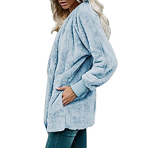 Dokotoo Blue Medium Soft Fleece Hooded Cardigan Coat for Women