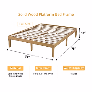Naomi Home Lucia 14 Inch Solid Wood Platform Bed Full Bed Frame, Pine Wood, No Squeak, Full Size, No Box Spring Needed, Sturdy Bed Frame - Natural