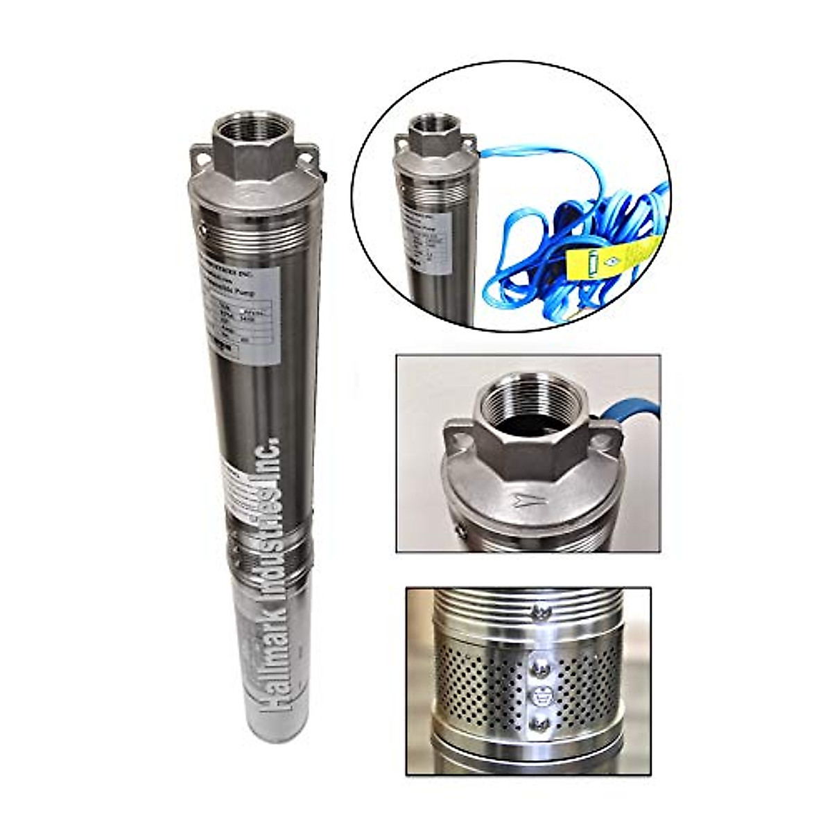 Hallmark Industries MA0343X-4 Deep Well Submersible Pump, 1/2 hp, 110V, 60 Hz, 25 GPM, 150' Head, Stainless Steel, 4"