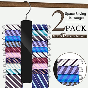 Dolinvo Tie Rack Tie Hanger 2Pack, Premium Wooden Tie Organizer 40 Storage Capacity Tie Holder for Closet,360 Degree Space Saving Ties/Belt/Scarves Hanger for Men,Black