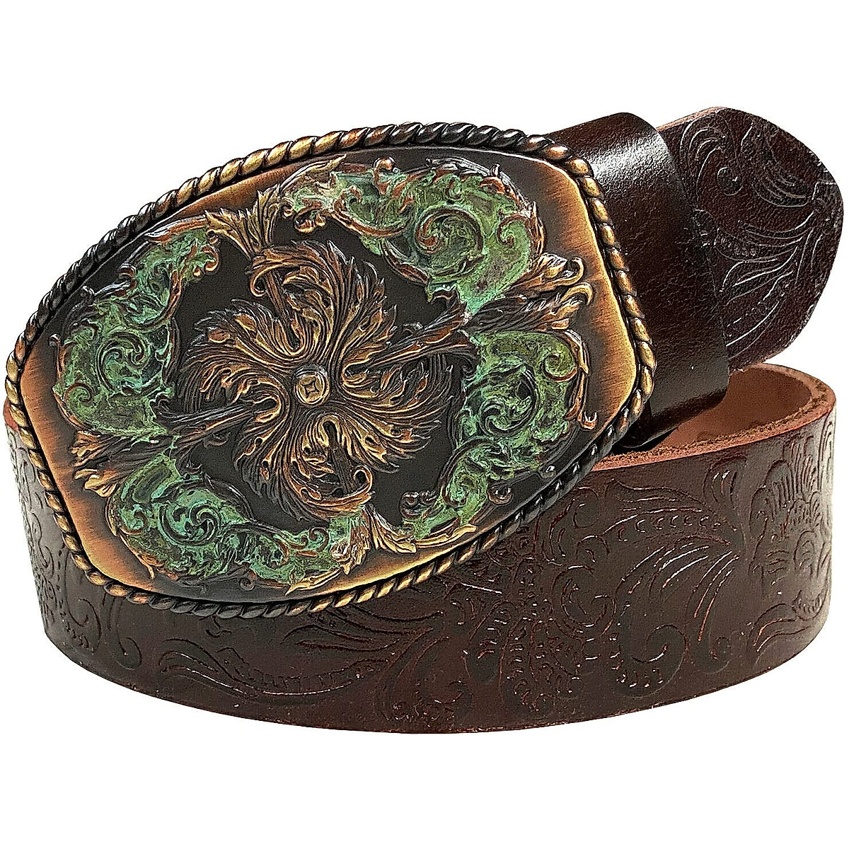 Western Fashion Style Floral Engraved Buckle Full Grain Genuine Leather Belt 1-1/2" (38mm) Wide, Multi-Style Options (Brown, 36)