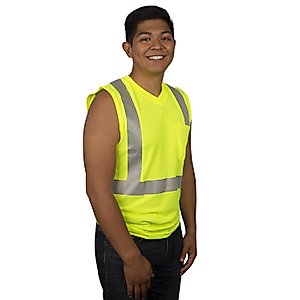 Cordova V421-L Cor-Brite Type R, Class II, Lime Birdseye Mesh T-Shirt, Sleeveless, Chest Pocket, 2-Inch Silver Reflective Tape, Large