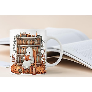 QASHWEY Halloween Reading Ghost Mug, Halloween Coffee Mug, Fall Book Lovers Gifts Mug, Halloween Themed Mug Tea Cup Gifts for Reading Lovers, Fall Bookish Ghost Halloween Coffee Cups Ceramic 11oz