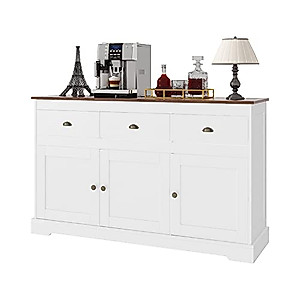 Anjiaqianmo White Buffet Cabinet Storage Kitchen Cabinet Sideboard Farmhouse Buffet Server Bar Wine Cabinet with 3 Drawers & 3 Doors Adjustable Shelves Console Table for Dining Living Room Cupboard