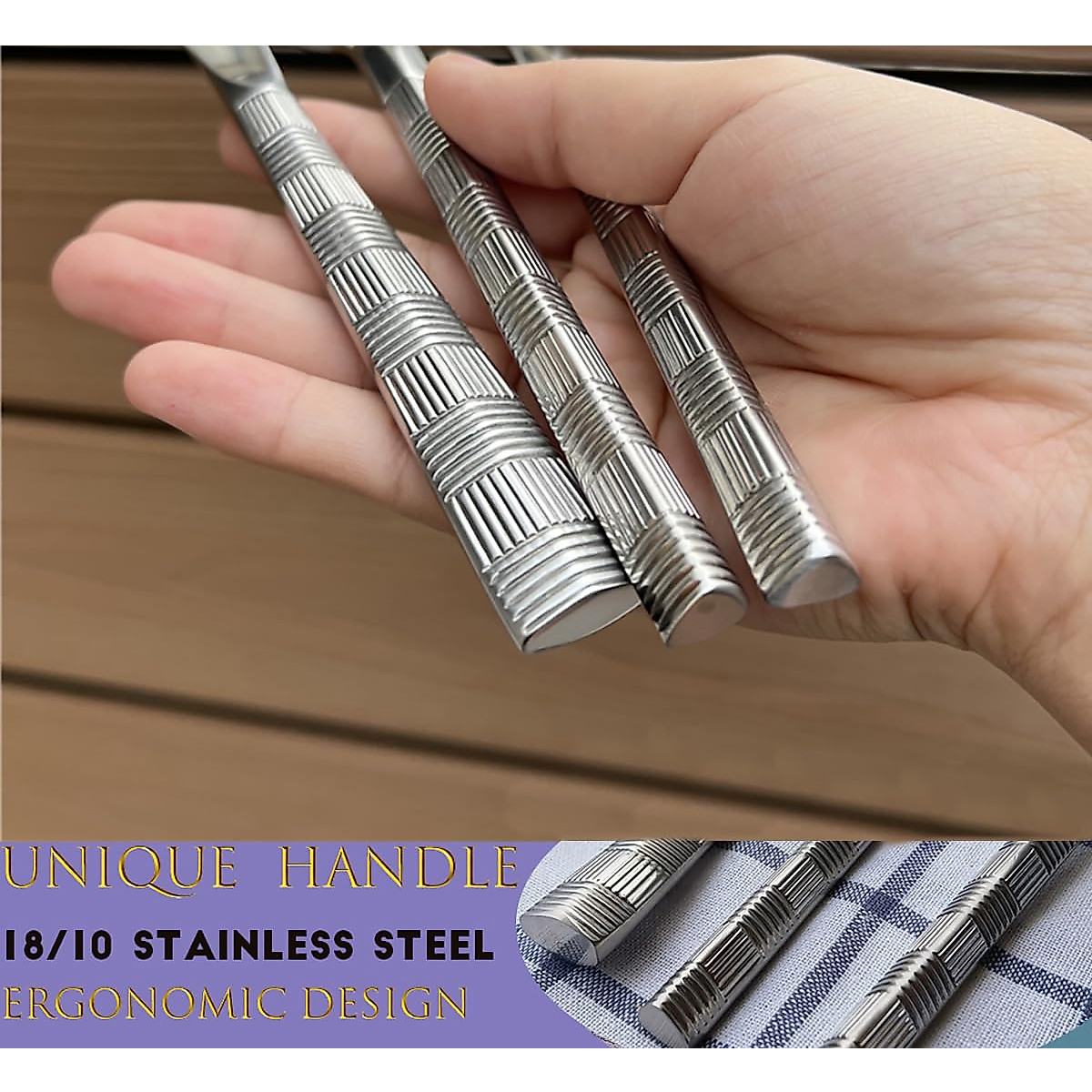 Thomaso 12-piece Hammered Silverware Set,Creative Triangle Handle Titanium Plating Stainless Steel Flatware Service for 4, Silver Spoons and Forks Set,Unique Triangle Cutlery Set, Dishwasher Safe