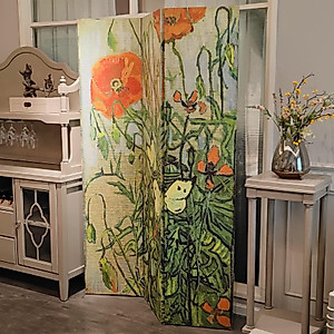 HOZUSO Room Divider Wood Privacy Screens Van Gogh's Butterflies and Poppies Painting Canvas 3-Panel Foldable Portable Separating Divider Room Partitions Freestanding Home Decor 71'' High