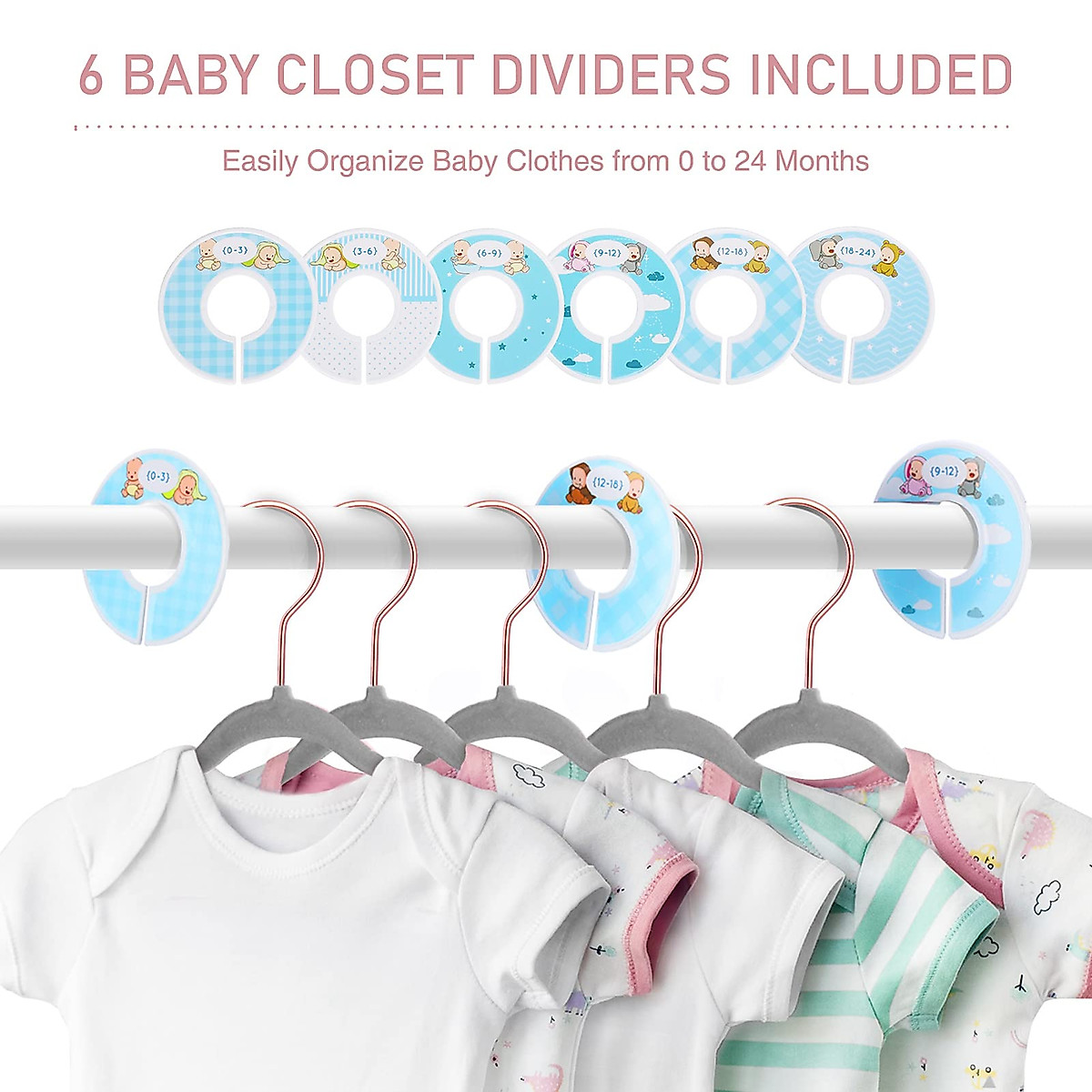 Cozymood Velvet Baby Hangers for Closet 50 Pack with 6 Pcs Size Dividers, Non-Slip Baby Clothes Hangers 11 Inch, Ultra-Thin Small Hangers for Kids Clothes, Space Saving Velvet Toddler Hangers, Grey