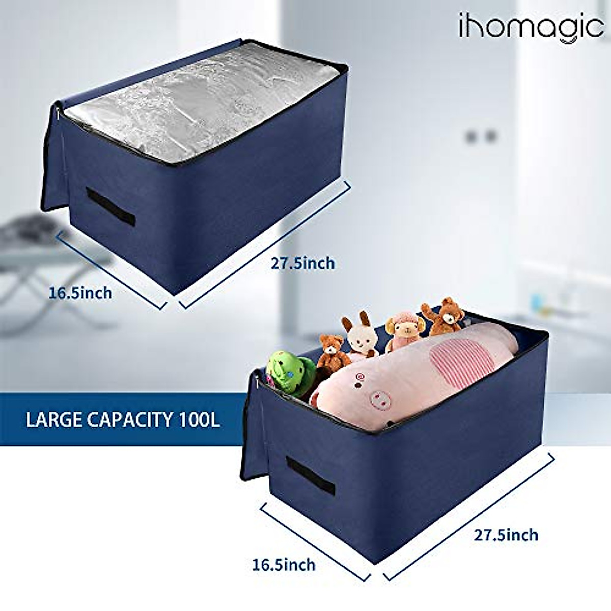IHOMAGIC Extra Large Storage Bag with Carry Handles, Heavy Duty Storage Containers Clothes Organizers with Sturdy Polyester Fabric, Water Resistant Moving Bag for Bedding, House Moving ,Navy Blue, L