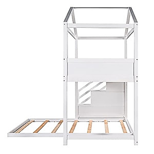 DEYOBED Twin Over Full House Shaped Wooden Bunk Bed with Storage Staircase, Shelves and Blackboard for Kids Teens