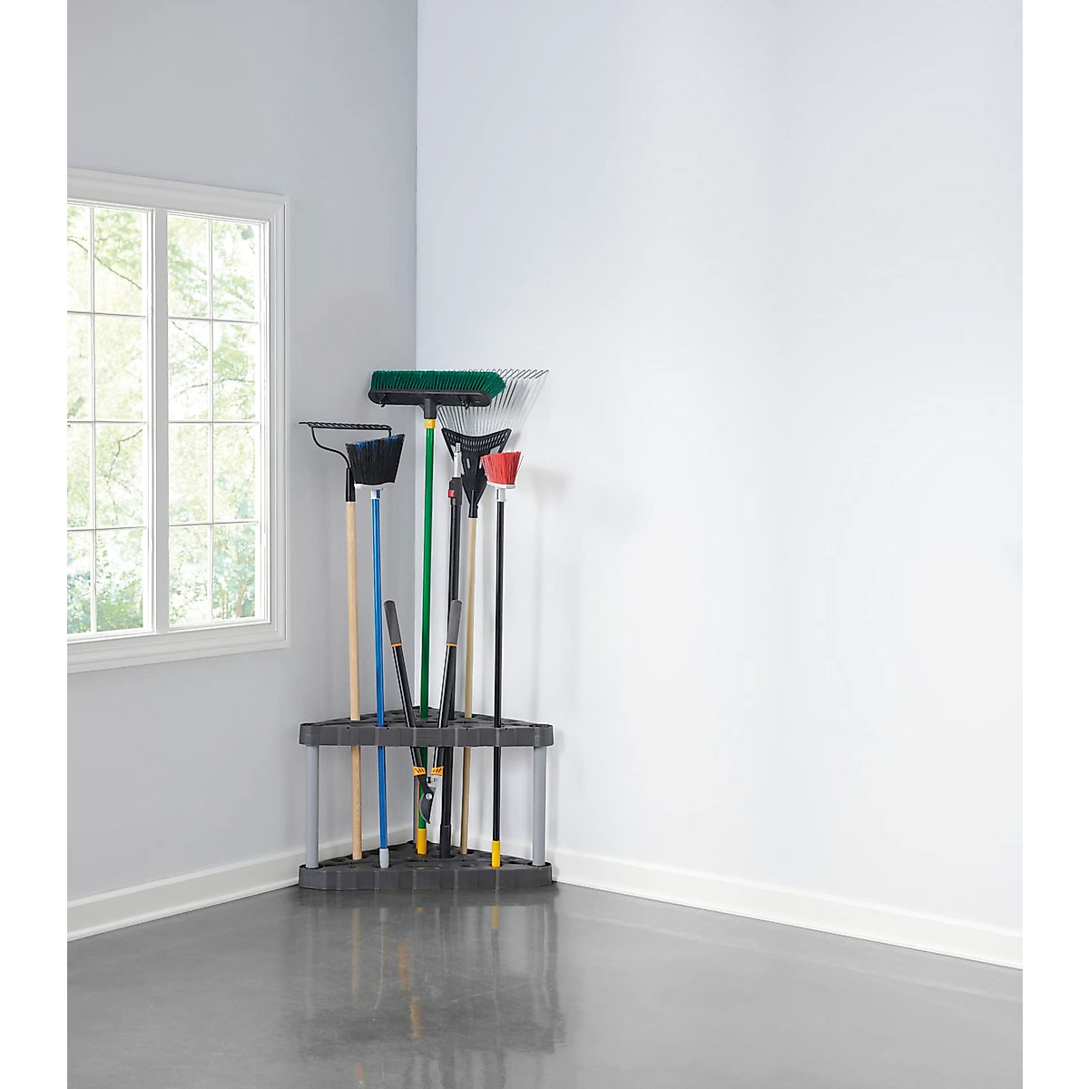 Rubbermaid Garage Corner Tool Tower Rack, Easy to Assemble, Organizes up to 30 Long-Handled Tools/Rakes/ Brooms/Shovles for Home/House/Outdoor/Sheds