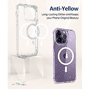 MIODIK Magnetic Glitter Case for iPhone 14 Pro with Screen Protector + Camera Protector, [Compatible with MagSafe] [Non-Yellowing] Shockproof Protective Slim Women Bumper Phone Cover 6.1" (Clear)