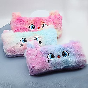 Plush Cat Pencil Case Cute Gradient Colorful Pen Bag Soft Makeup Pouch Coin Purse Storage Stuffed Animal Bag for Women Girls Daughter School Office