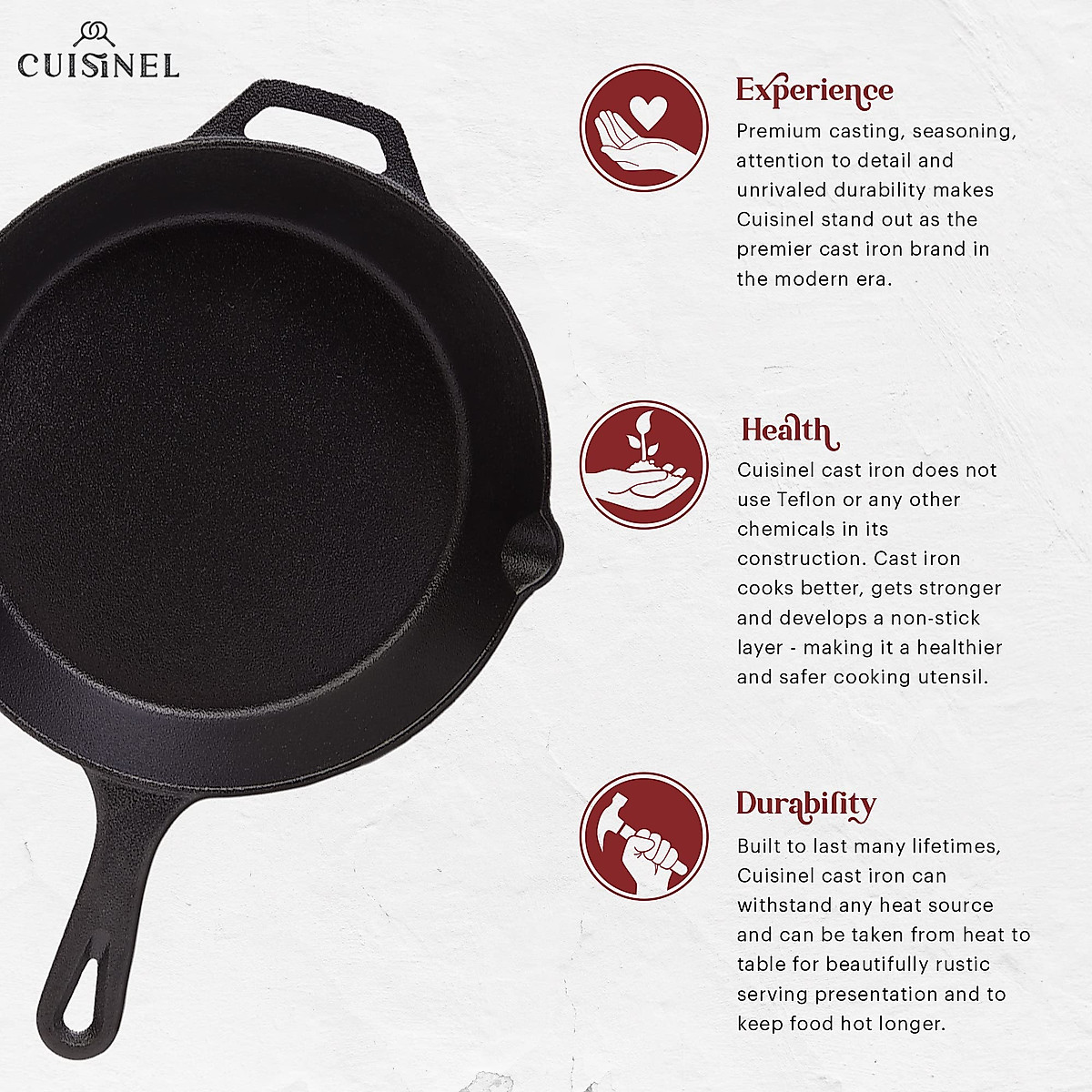 Cuisinel Cast Iron Skillets Set - 12" + 10" + 8"-Inch Pre-Seasoned Frying Pans + Silicone Handle Grip Covers - Use Indoor/Outdoor, Oven, Grill, Stove, BBQ, Camp Fire, Induction Kitchen Cookware