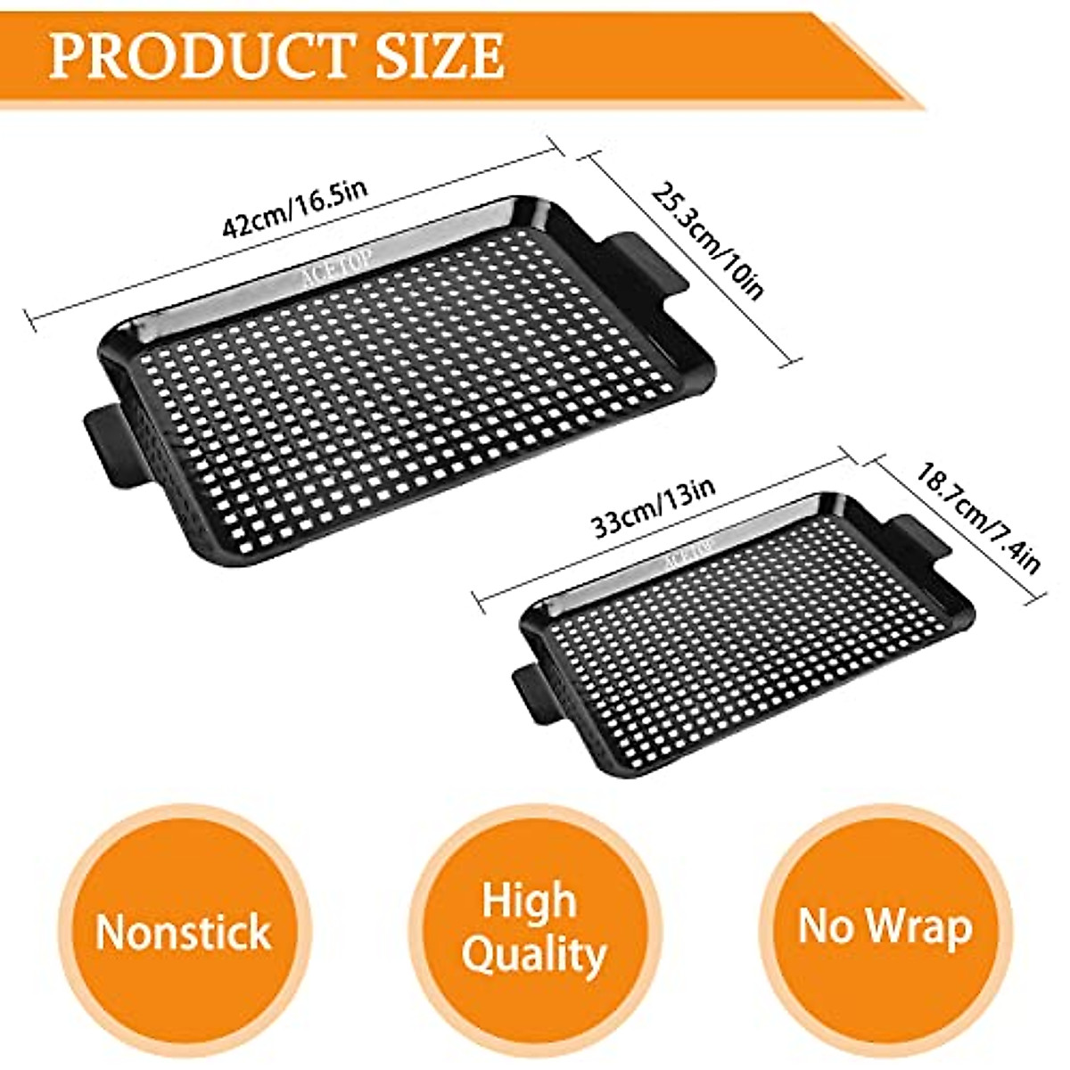 2PCS Grill Topper Pans BBQ ACETOP Nonstick Barbecue Grilling Baskets Outdoor Stainless Steel BBQ Grill Tray with Perforated Bottom for Indoor Camping Chicken Drumsticks Vegetable Shrimp Meat