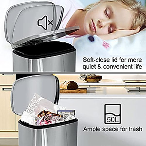 13 Gallon Steel Step Trash Can,Kitchen Trash Can with Lid & Inner Buckets , Stainless Steel Rectangular Garbage Bin , 50 L Pedal Soft Step Slow & Silent Open Close Dustbin for Kitchen, Office (Silver)