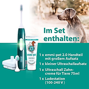 Emmi-pet Electric Toothbrush Set 2.0 for Pets. Healthier Teeth & Gums and Fresher Breath. Patented ultrasonic Technology Cleans Completely Silent, no Vibration and no Brushing. Rechargeable