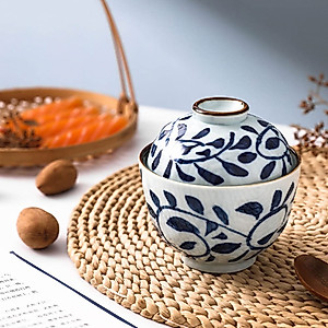 CALLARON Mixing Bowls Ceramic Stew Pot with Lid Steam Soup Bowl Steaming Cup Japanese Style Noodle Bowl Steamed Egg Bowl Custard Cups for Home Kitchen Egg Custard Birds Popcorn Bowl