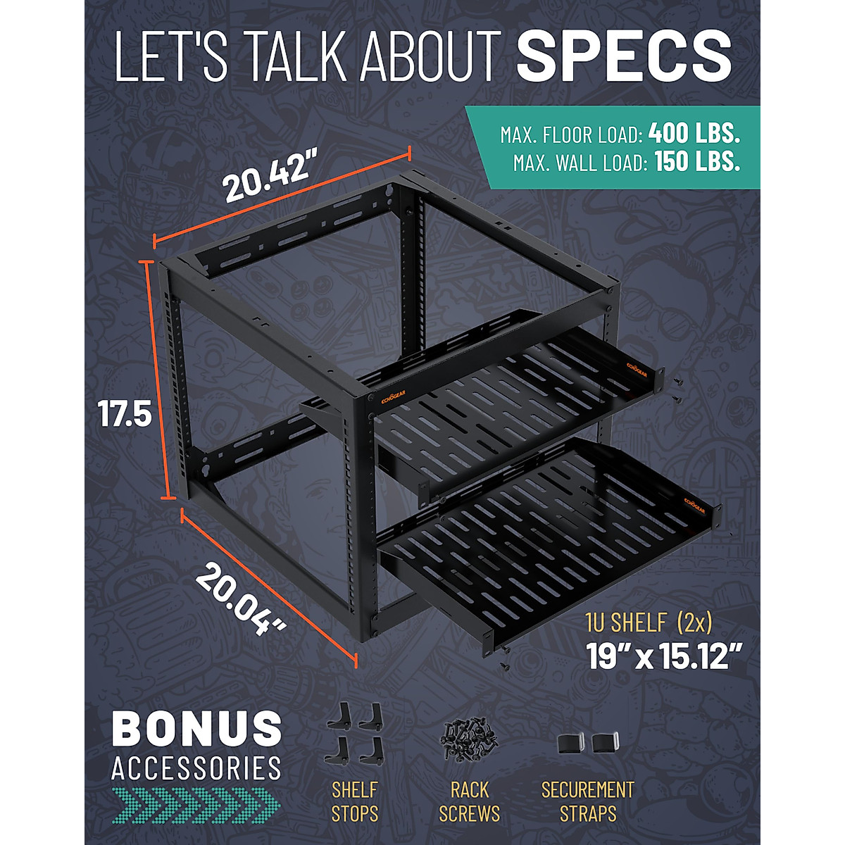 ECHOGEAR 10U Network Rack - Wall Mountable Heavy Duty 4 Post Design Holds All Your Networking & AV Gear - Open Frame Design Includes 2 1U Vented Shelves & Mounting Hardware