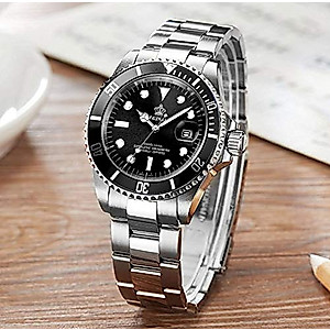 Reginald Men's Watch Luminous Quartz Rotatable Bezel Sapphire Glass Silver Stainless Steel Band and Case Waterproof Sports Black Watch