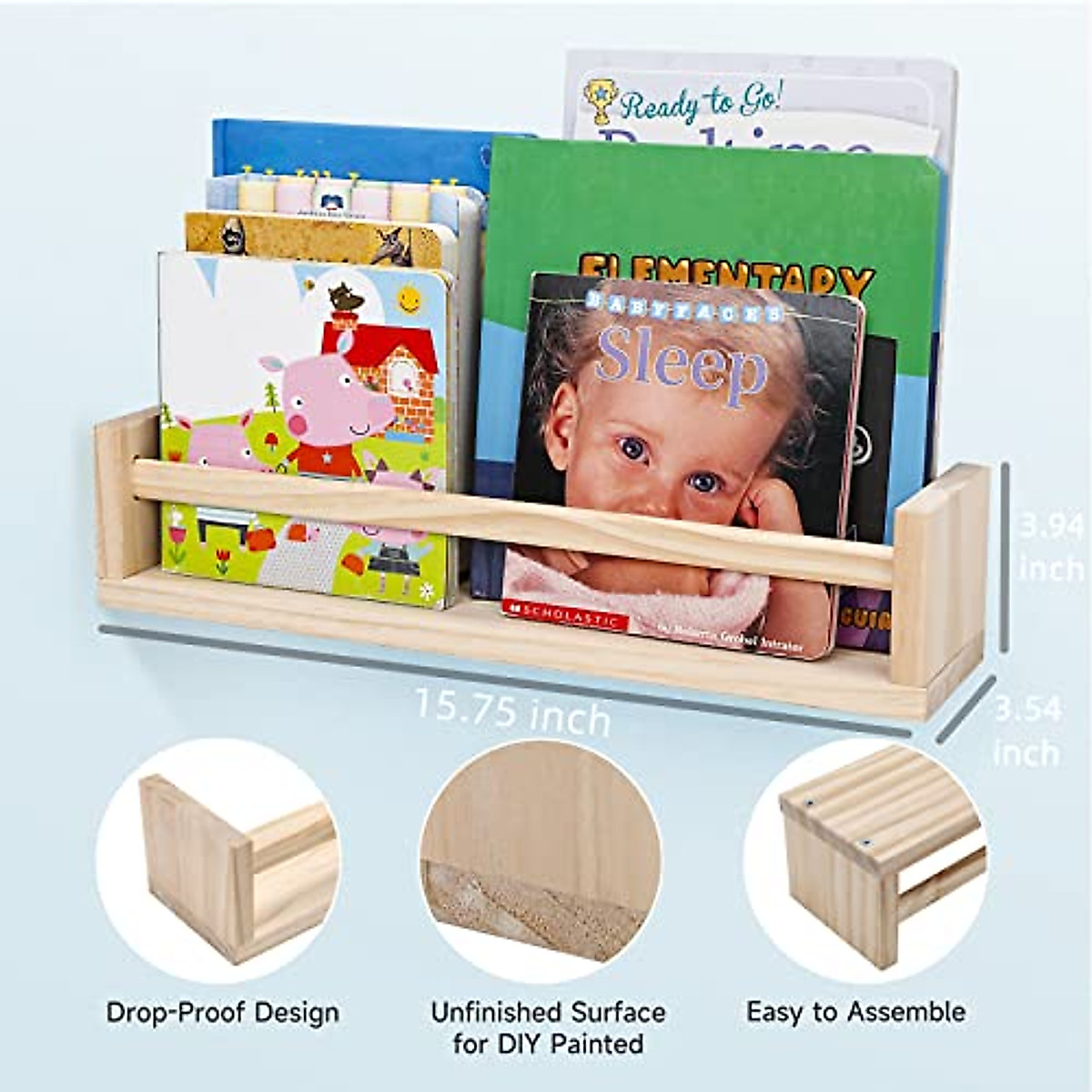 HAPOO Nursery Book Shelves Wall Bookshelf for Wall 16" Wood Nursery Shelf Floating Bookshelf for Kids Room Set of 4