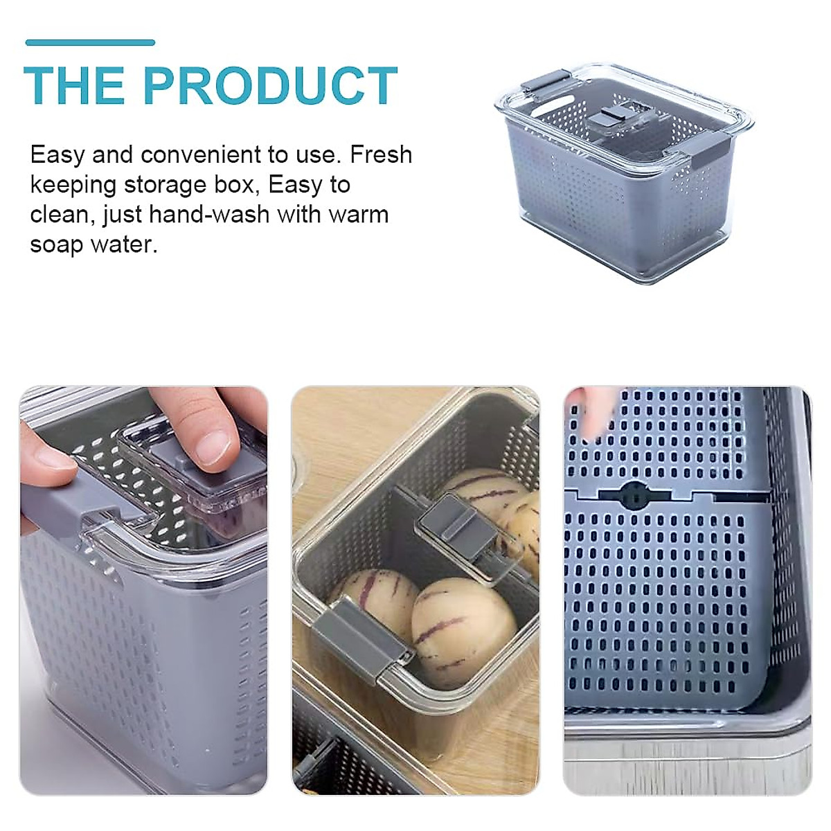 Cabilock Vegetable Fruit Storage Containers, Fresh Draining Basket, Box Refrigerator Crisper Fruit Fresh Containers Dual-Layer Food Storage Bin with Breathable Valve for Fridge, Dark Grey