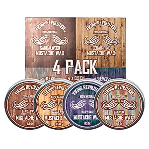 Viking Revolution Mustache Wax 4 Variety Pack - Beard & Moustache Wax for Men - Strong Hold Helps Train Tame & Style- Sandalwood, Clary Sage, Cedar Pine, Bay Rum Styles