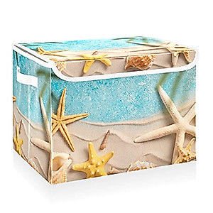 CaTaKu Palm Starfish Beach Storage Bins with Lids and Handles, Fabric Large Storage Container Cube Basket with Lid Decorative Storage Boxes for Organizing Clothes