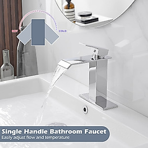 BWE Bathroom Faucet Chrome Modern Waterfall with Pop Up Drain for Sink 1 Single Hole Bathroom Sink Faucet Parts Spout Bath Lavatory Vanity Stopper Overflow and Supply Hose Single Handle Square