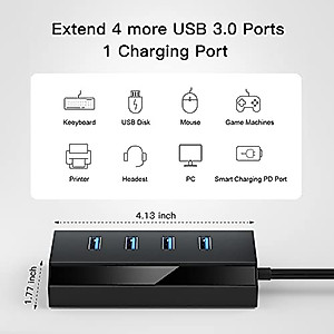 BYEASY Powered USB Hub, 5-Port USB 3.0 Hub with 4 USB 3.0 Data Ports and 1 Type-C Smart Charging Port, USB Splitter with 5V/3A Power Adapter Compatible with MacBook, Laptop, PS4, Flash Drive