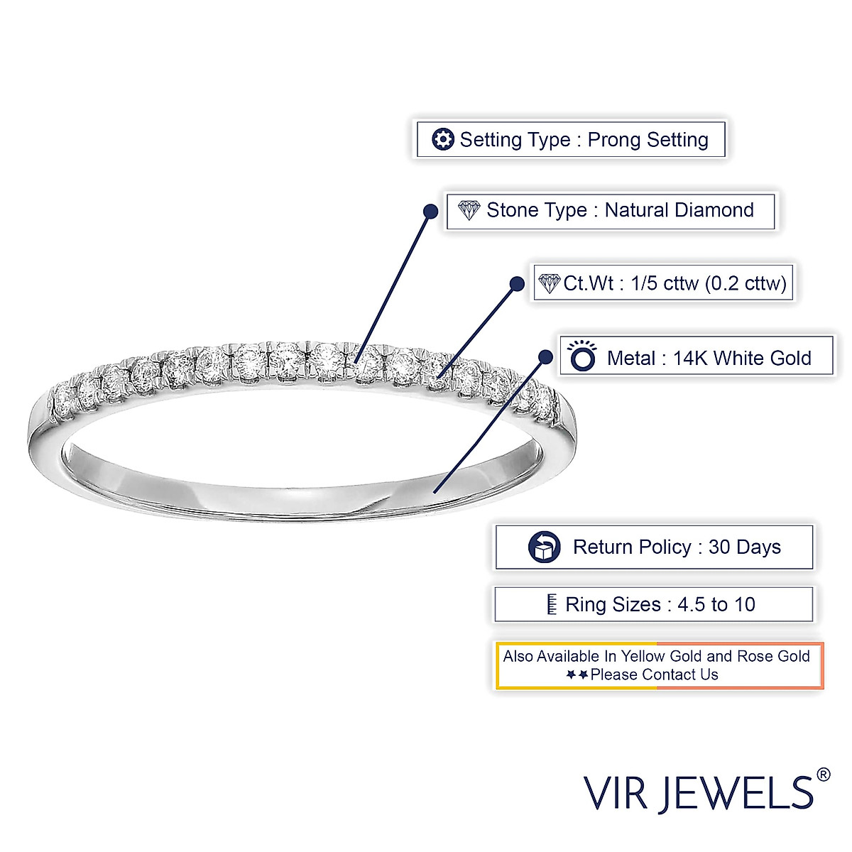 Vir Jewels 1/5 carat (ctw) Diamond Wedding Anniversary Band for Women, Half Eternity Round Diamond Engagement Ring 14K White Gold Prong Set 0.20 cttw, Size 6