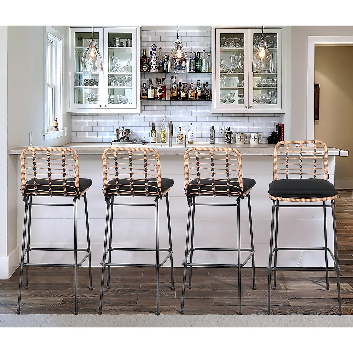 Patiorama Outdoor Bar Stools Set of 4, Patio Counter Height Stools & Bar Chairs w/Footrest, Hand-Woven Armless Beige Rattan Bar Set Patio Furniture for Garden,Pool, Indoor,Cafe,Kitchen(Black Cushion)