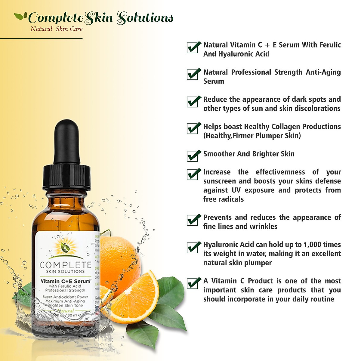 Natural Vitamin C E Serum with Ferulic and Hyaluronic Acid 1 oz