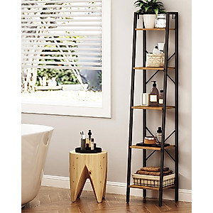 Hzuaneri Ladder Shelf, Bookshelf Bookcase, Freestanding Corner Storage Shelve with 2 Hooks for Home Office, Living Room, Kitchen, Bedroom, Industrial, 5-Tier Rustic Brown BC03201B