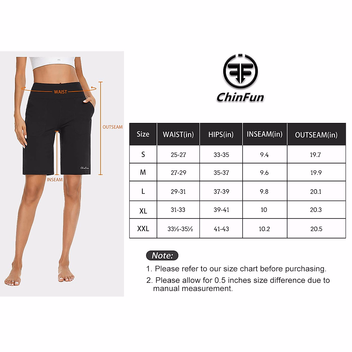ChinFun Women's 10" High Waist Yoga Shorts Bermuda Shorts Athletic RunningWorkout Lounge Shorts with Deep Pockets Black XL