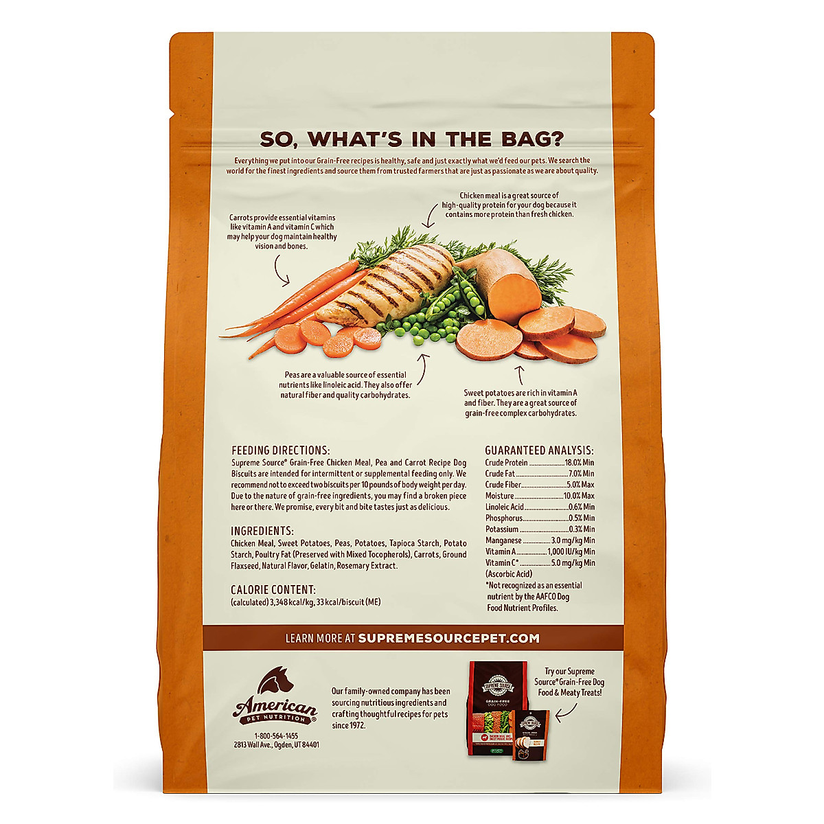 Supreme Source Grain Free Protein Dog Biscuits, Chicken, Pea & Carrot Recipe, 1 Pound Bag