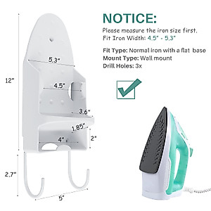 Ironing Board Hanger Wall Mount, Iron Hanger with Ironing Board Rack, Heat Resistant Iron Holder Wall Mount for Max 5 Inch Width (White)