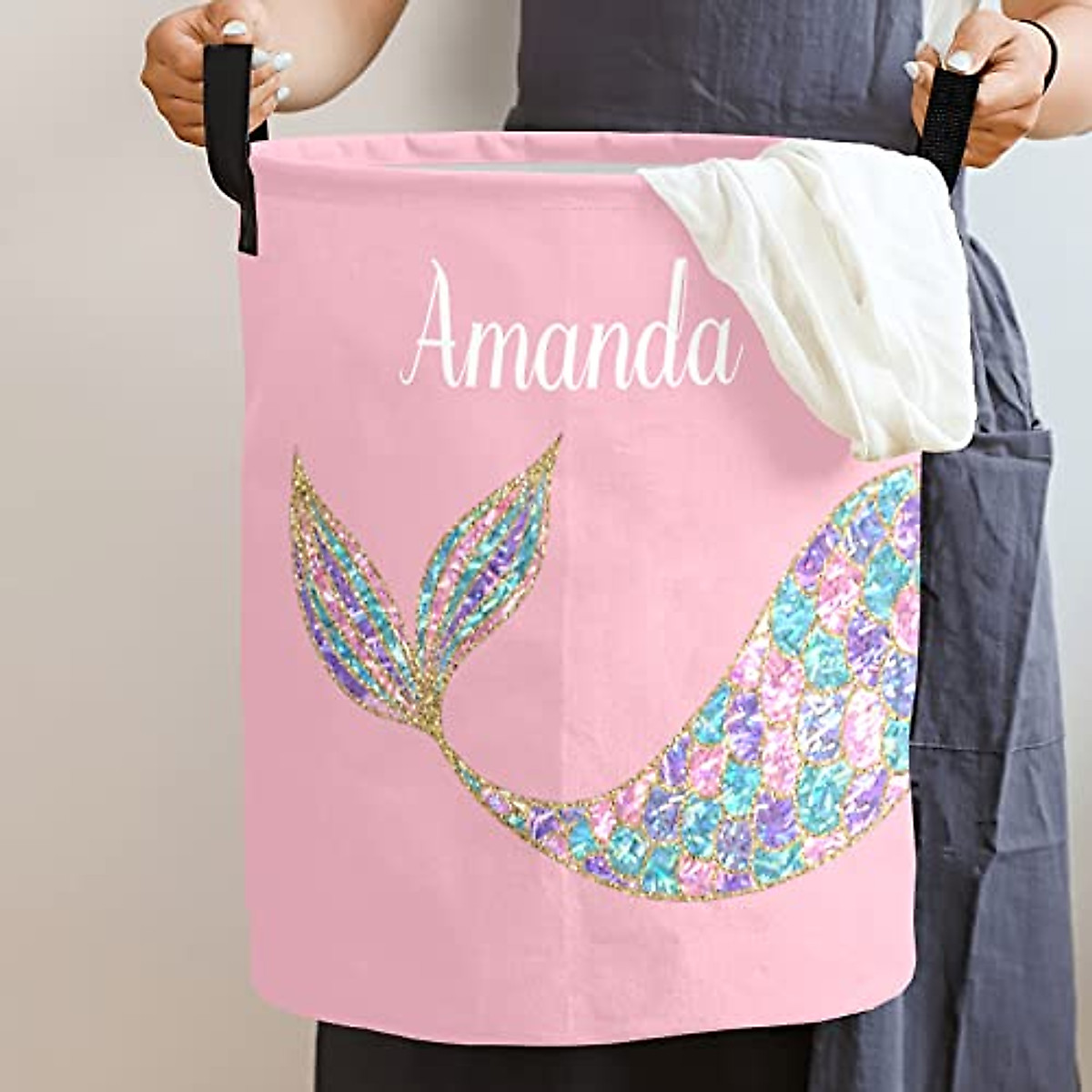 Mermaid Pink Large Storage Basket Personalized Laundry Hamper with Name Bathroom Home Decor Collapsible Round Storage Bin Boxes Clothing for Gift