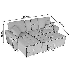 HUMEHA Reversible Sectional Sofa Couch, Light Grey Convertible Pull Out Bed Sleeper Sofa with Storage Chaise Lounge, Upholstered L Shaped Couch with 2 Pillows, Linen Fabric Couches for Living Room