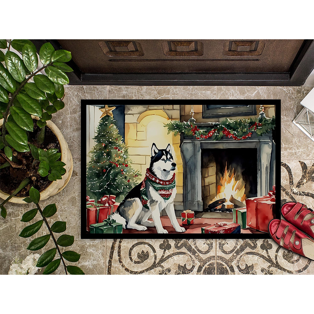 Caroline's Treasures DAC2753JMAT Siberian Husky Cozy Christmas Doormat Front Door Mat Indoor Outdoor Rugs for Entryway, Non Slip Washable Low Pile, 24H X 36W