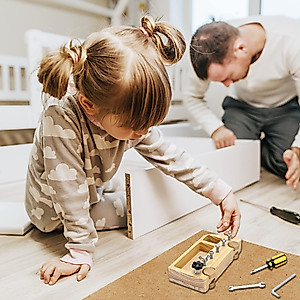 Mikabili Montessori Wooden Screw Driver Board for Kids, Basic Skills Sensory Educational Learning Toy for 3 4 5 Year Old Kids and Toddlers, Preschool, Classroom… (Bus)