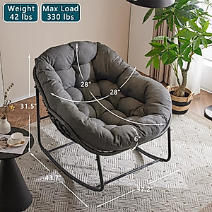 YDcosyfy Papasan Rocking Chair with Thick Cushion, Indoor Outdoor Comfy Patio Chair with Upgraded Steel Frame Oversized Wicker Lounge Chair for Front Porch, Garden, Bedroom, Living Room,Grey