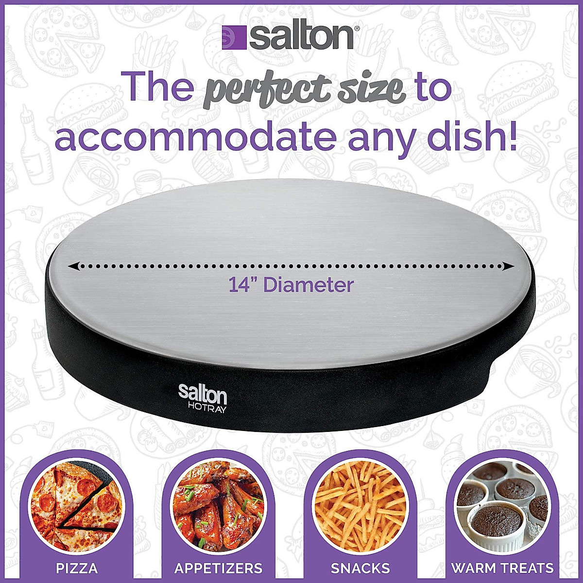 Round Warming Tray by Salton | Cordless Electric Hot Plate | Cooking, Serving & Warming Tray | 14” Diameter Hot Plate
