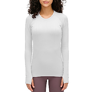 Long Sleeve Workout Shirts for Women Seamless Yoga Tops, Running T-Shirt Breathable Gym Athletic Tops Slim Fit White