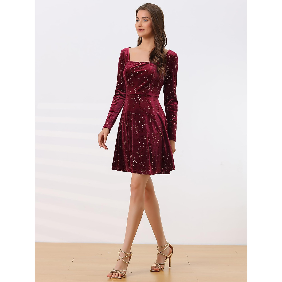 Allegra K Women's Christmas Stars Square Neck Vintage Velvet Mini Dress Medium Red