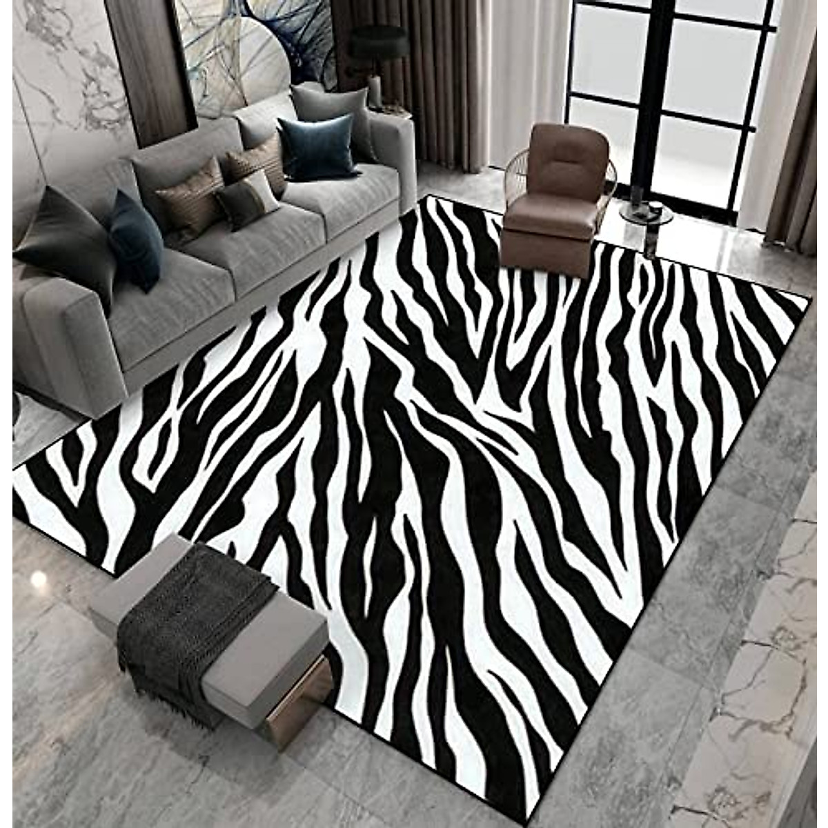 Black White Zebra Striped Large Area Rugs, Modern Art Runner Rugs, Non-Slip Floor Throw Mat, Rectangle Carpet for Living Room, Bedroom, Hallway Front Entrance, Kitchen, Dining, 3' x 5'