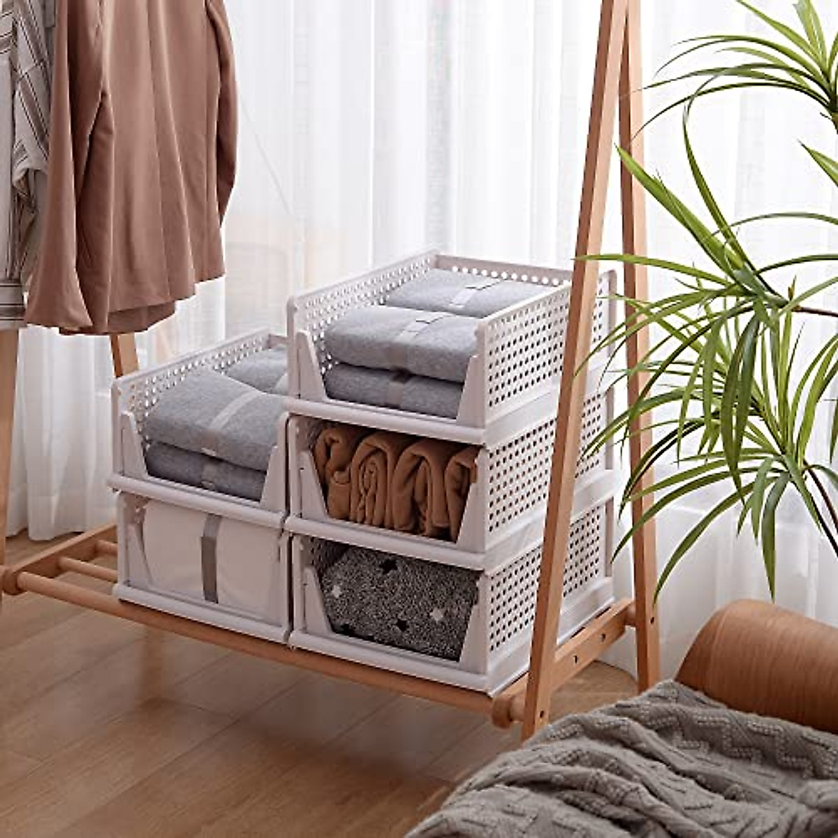 WDPUCHU Stackable Plastic Storage Basket-Foldable Closet Organizers and Storage Bins - Drawer Shelf Storage Container for Wardrobe Cupboard Kitchen Bathroom Office (White Large-4 Pack)