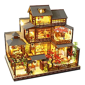 Spilay DIY Dollhouse Miniature with Wooden Furniture,DIY Dollhouse Kit Big Japanese Courtyard Model with LED & Music Box,1:24 Scale Creative Room Gift Idea for Adult Friend Lover (Yaquan Courtyard)