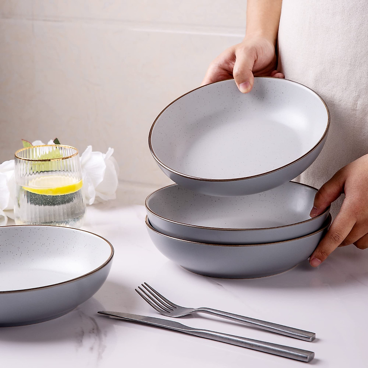 AmorArc 8.5'' Stoneware Pasta Bowls, 32oz Large Speckled Bowls Set of 4 for Kitchen, Wide & Flat Bowls for Pasta,Salad,Oatmeal, Microwave&Dishwasher Safe, Matte Gray