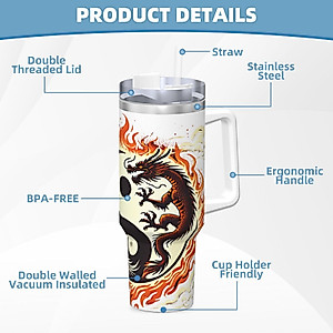 allgobee 40oz Stainless Steel Travel Mug With Handle,Yin Yang Chinese Dragon Insulated Coffee Tumbler With Lid And Straw